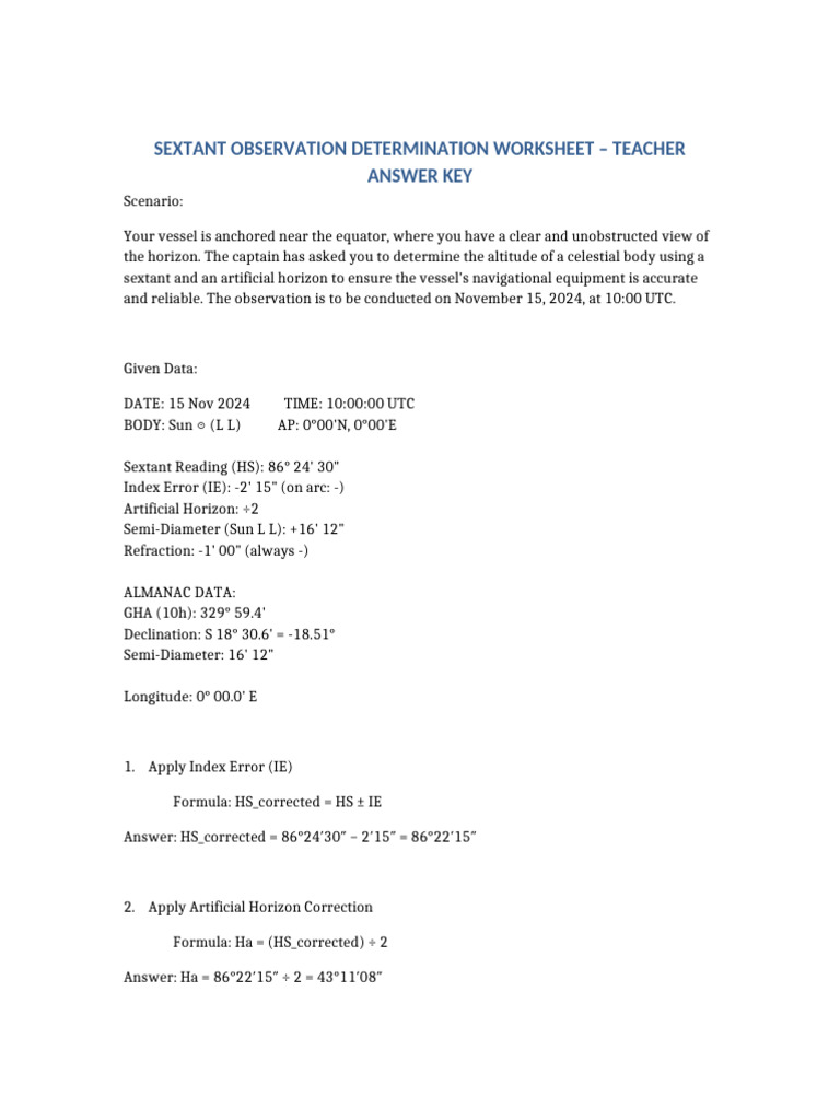 Sextant Observation Worksheet Answer Key | PDF
