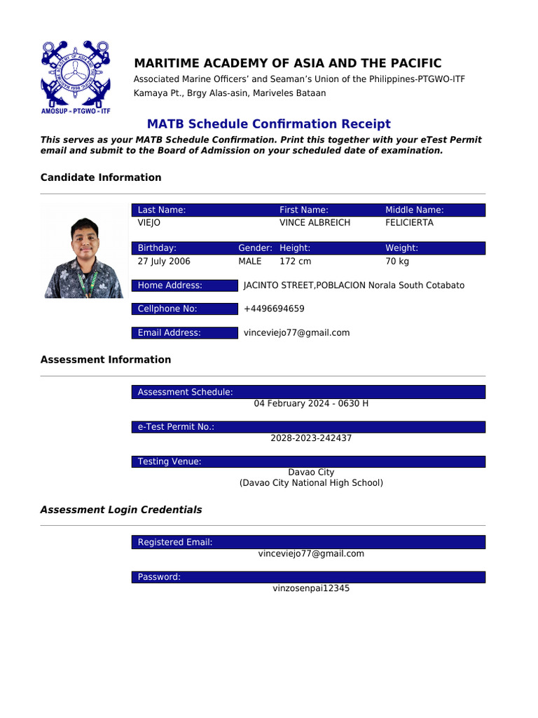 MATB Schedule Confirmation Receipt | PDF
