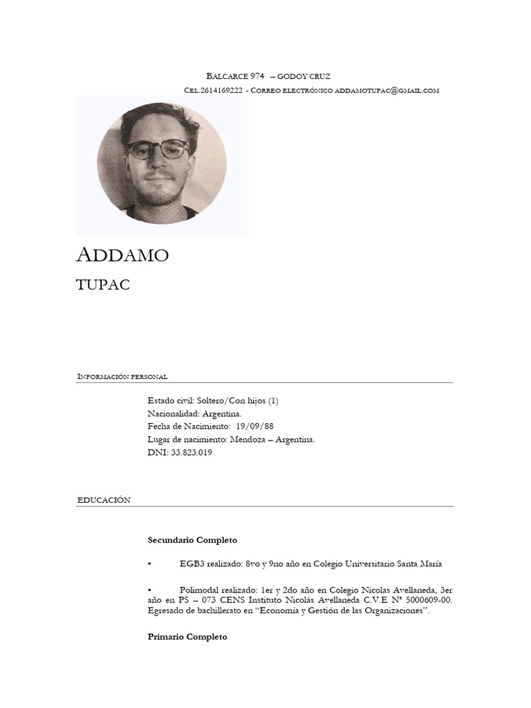Currículum Vitae de Addamo Tupac | PDF