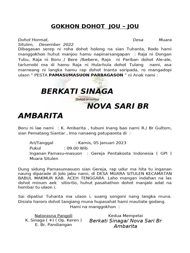 UNDANGAN Batak 1 Lembar | PDF