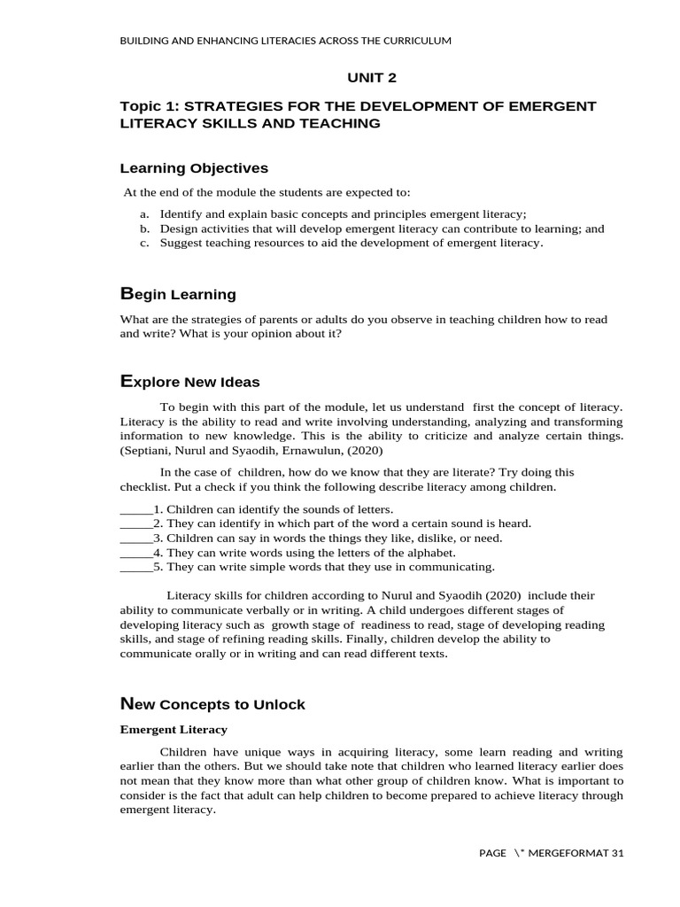 Emergent Literacy Development Strategies | PDF | Literacy | Cognition