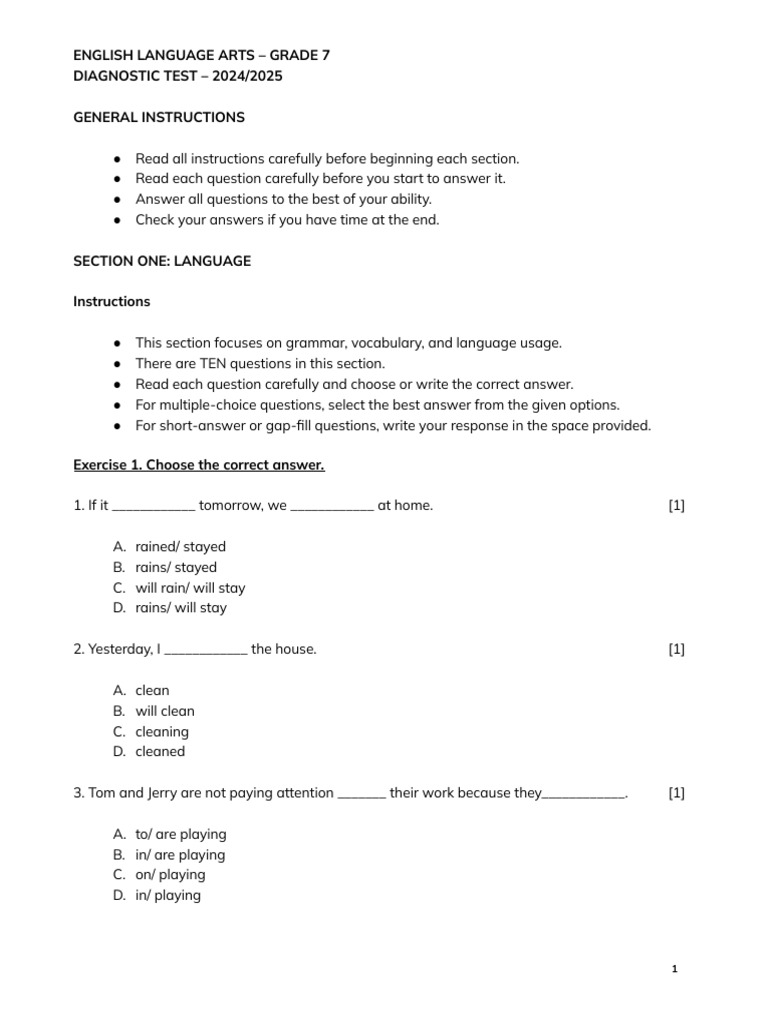 Grade 7 - Diagnostic Test - August 2024 - FINAL | PDF