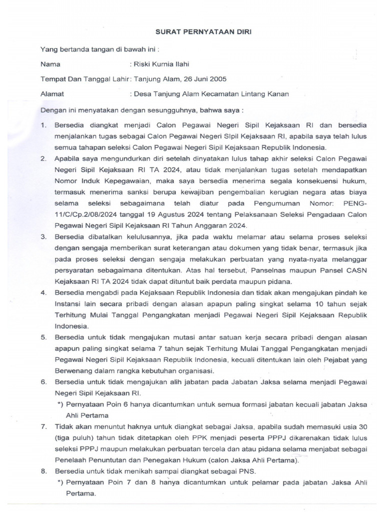 Surat Pernyataan RISKI | PDF