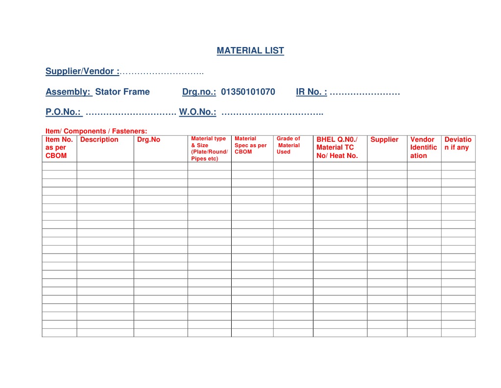 Material List for Stator Frame Assembly | PDF | Law