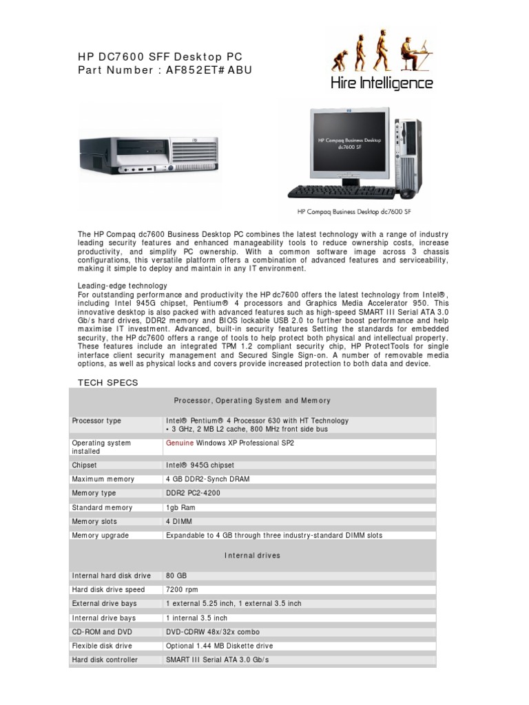 HP DC7600 Desktop | PDF | Personal Computers | Hard Disk Drive