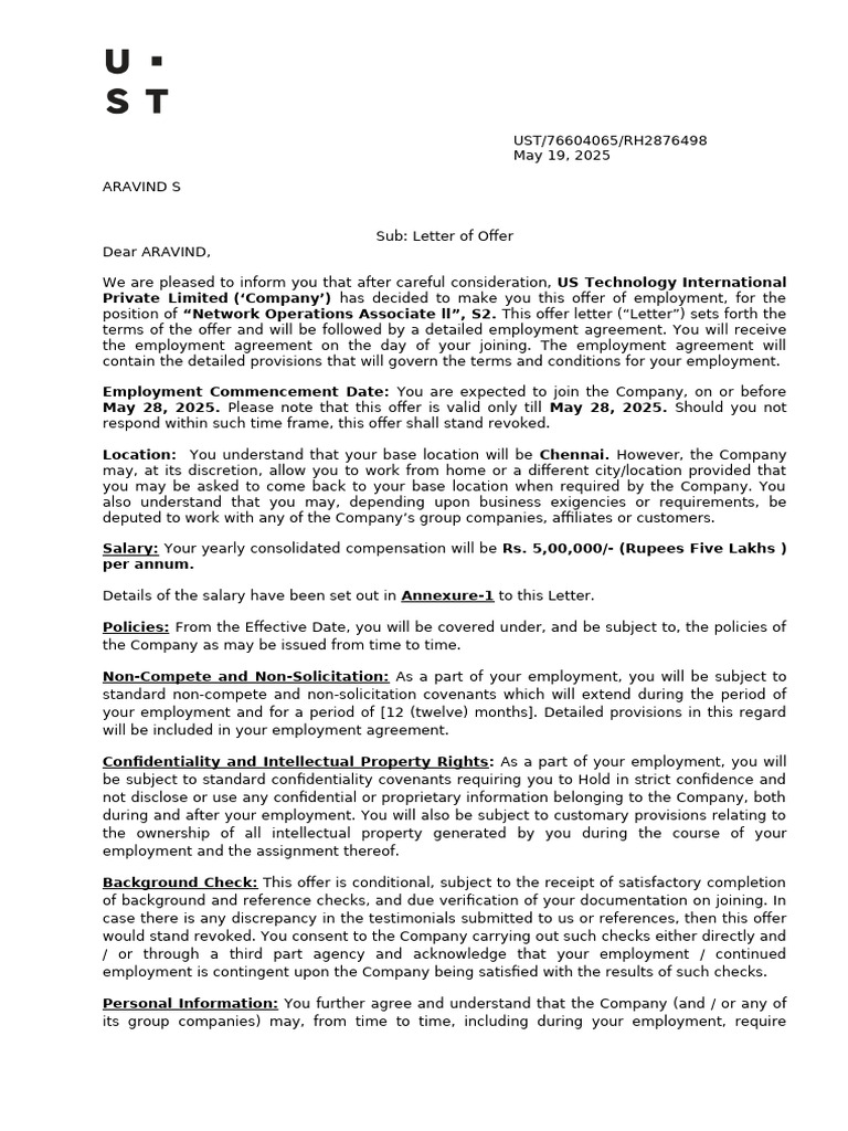 UST Global Offer Letter for Aravind S | PDF | Business | Private Law