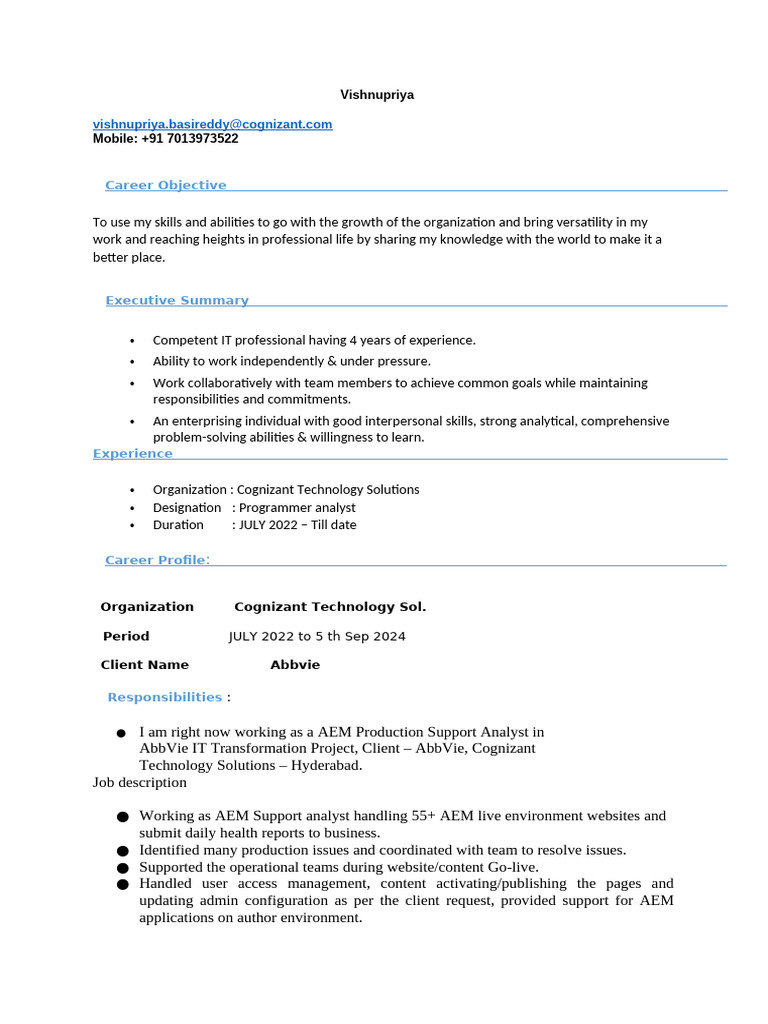 Vishnupriya AEM Resume | PDF | Computing | Information Technology