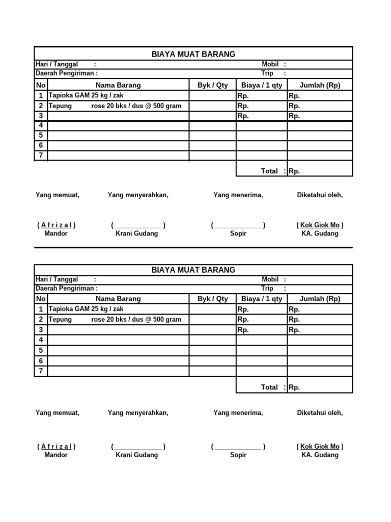 Rincian Biaya Muat Barang dan Pengiriman | PDF