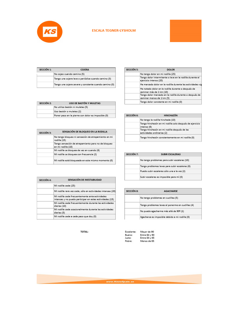 Escala Tegner-Lysholm de Rodilla | PDF | Rodilla | Sistema ...