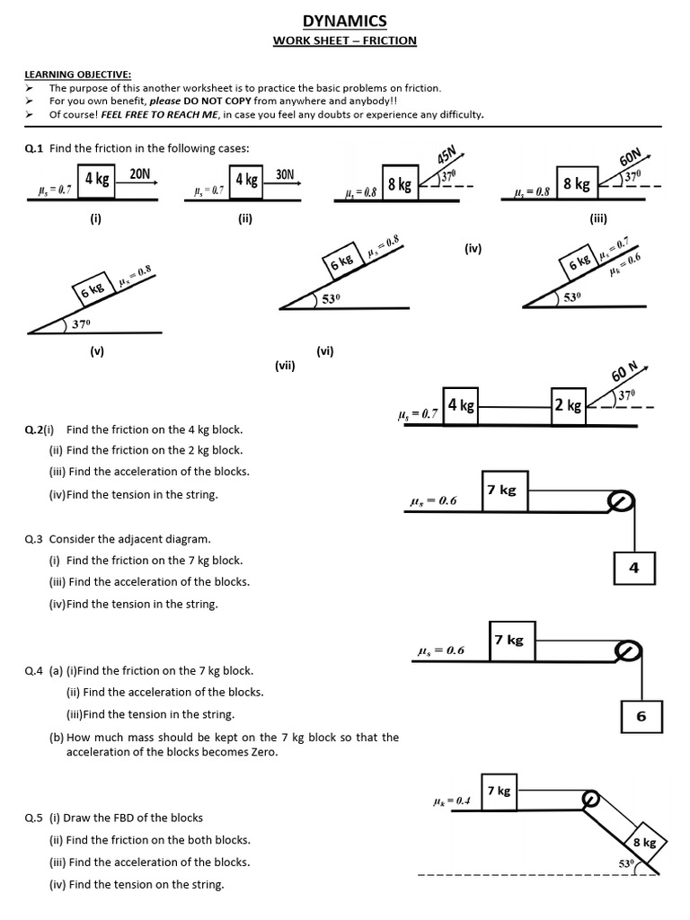Dynamics Work Sheet-5 - Friction | PDF | Friction | Tension (Physics)