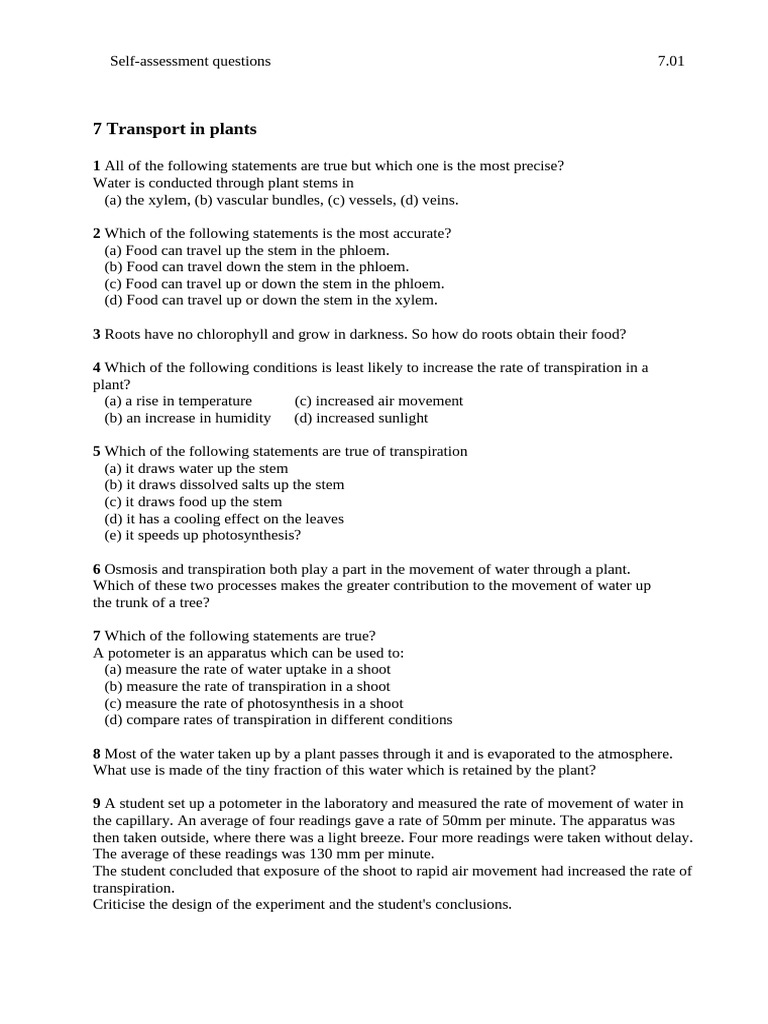 Transport Plants Questions | PDF | Plant Stem | Plant Physiology