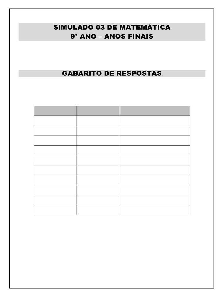 9° Ano Gabarito Simulado SAEB 3 Matemática | PDF