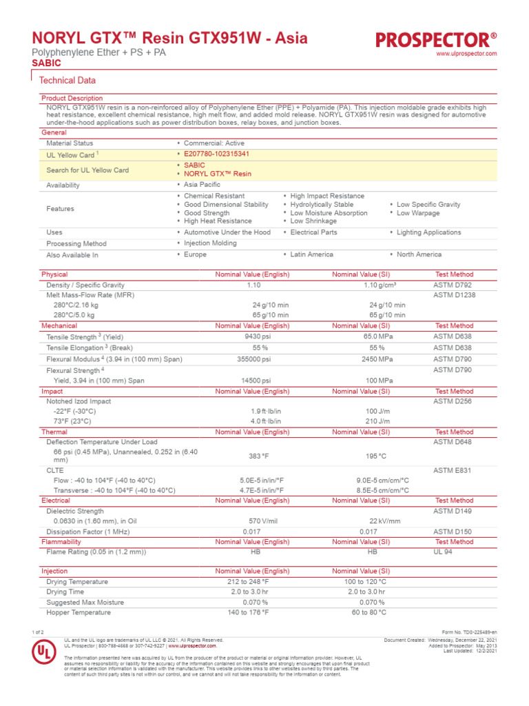 Noryl GTXT Resin Gtx951w Tds | PDF | Materials | Mechanical Engineering