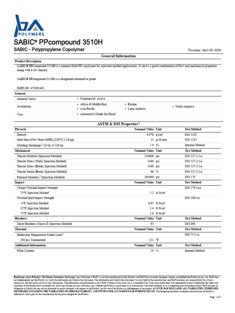 SABIC® PPCompound 3510H Overview | PDF | Strength Of Materials ...