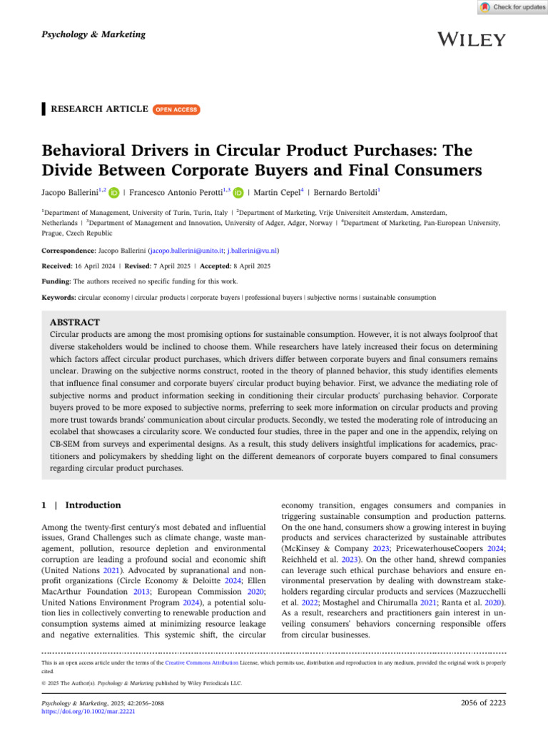 Behavioral Drivers in Circular Product Purchases The Divide Between Corporate Buyers and Final ...