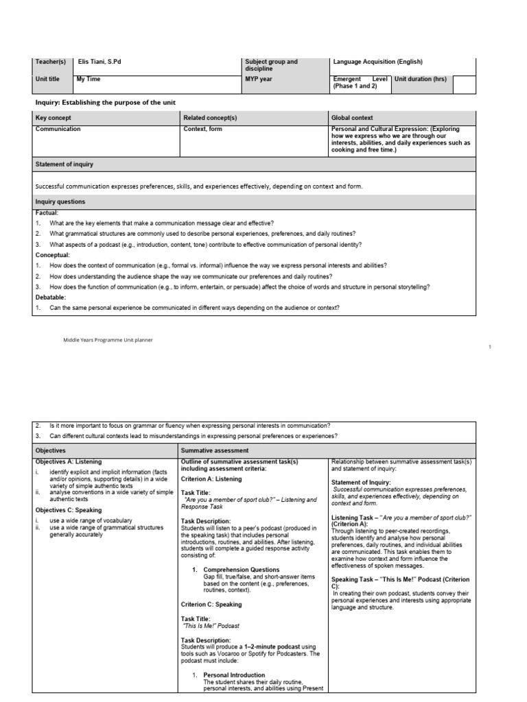 Level 7 Unit Planner 1 EMERGENT | PDF | Reading Comprehension ...