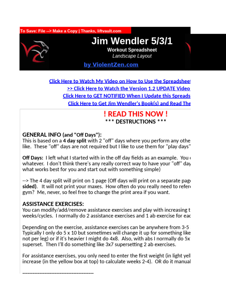 Jim Wendler 5/3/1 Workout Spreadsheet | PDF | Spreadsheet