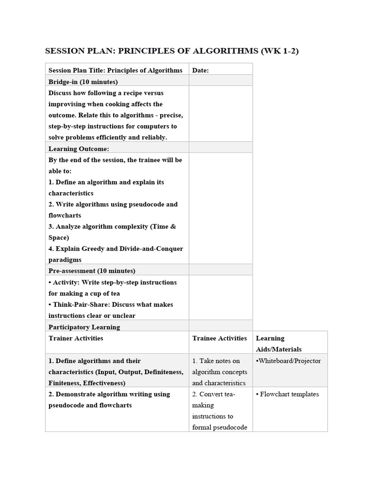 Data Structures and Algorithm - Session Plan | PDF | Algorithms ...