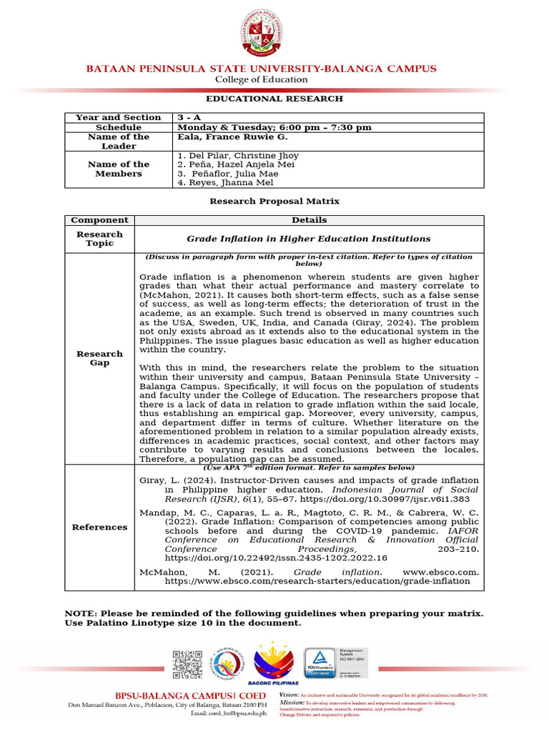 Grade Inflation Research Proposal Matrix Form | PDF | Theory | Thesis