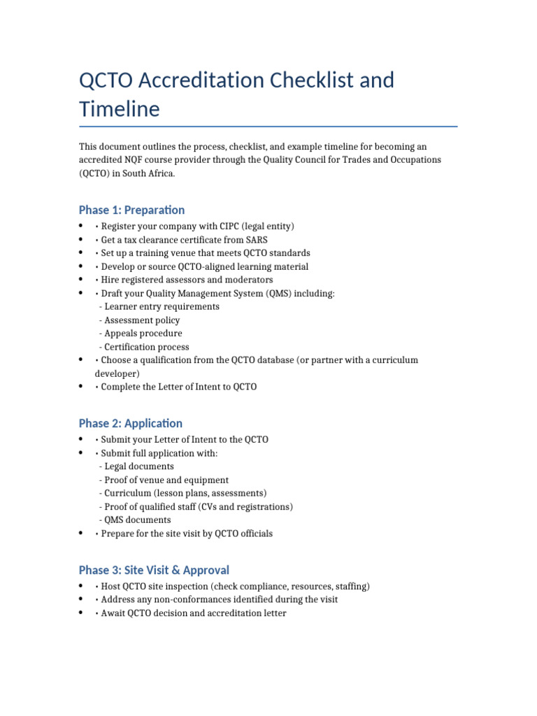 QCTO Accreditation Checklist and Timeline | PDF