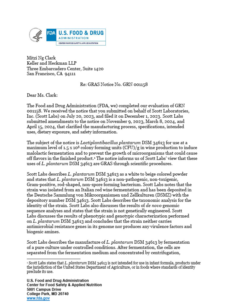 Gras Notice GRN 1158 Agency Response Letter | PDF | Strain (Biology ...
