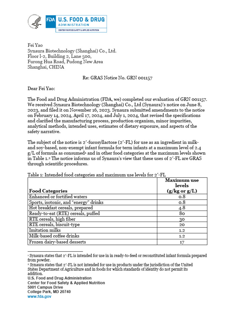 Gras Notice GRN 1157 Agency Response Letter Web | PDF | Drink | Food Allergy