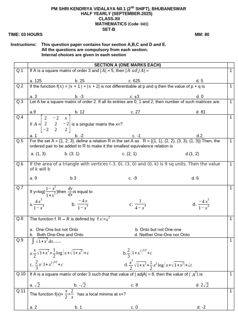 Class XII Mathematics Half-Yearly Exam Paper | PDF | Matrix ...