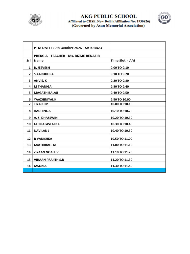 PTM Schedule - Prekg A October 25 | PDF