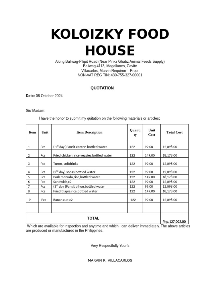Koloizky Food House Quotation | PDF