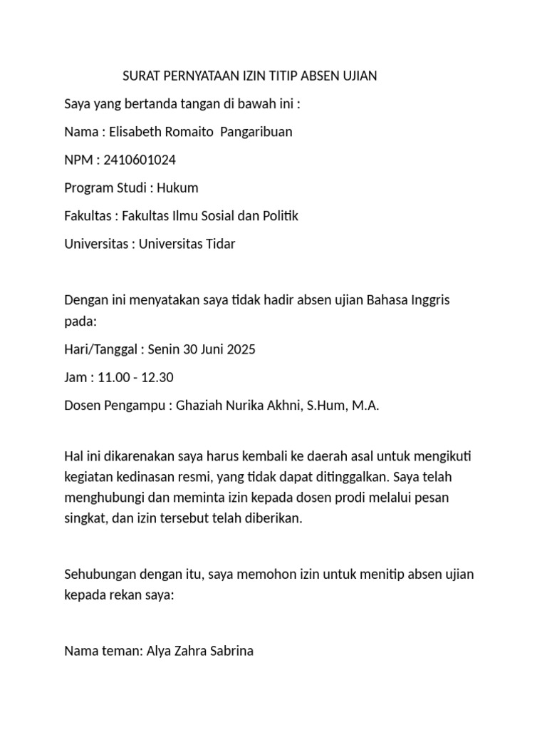 Surat Izin Titip Absen Ujian Hukum | PDF