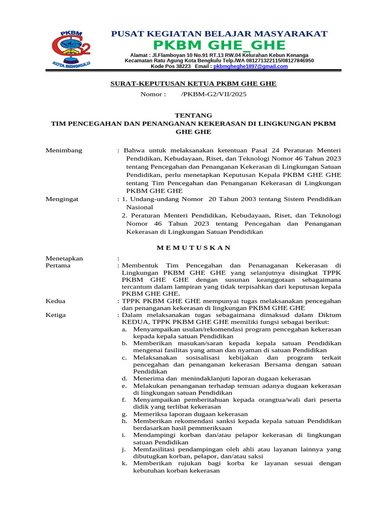Tim Penanganan Kekerasan PKBM GHE GHE | PDF