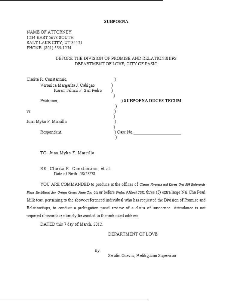Sample Subpoena 1 | PDF