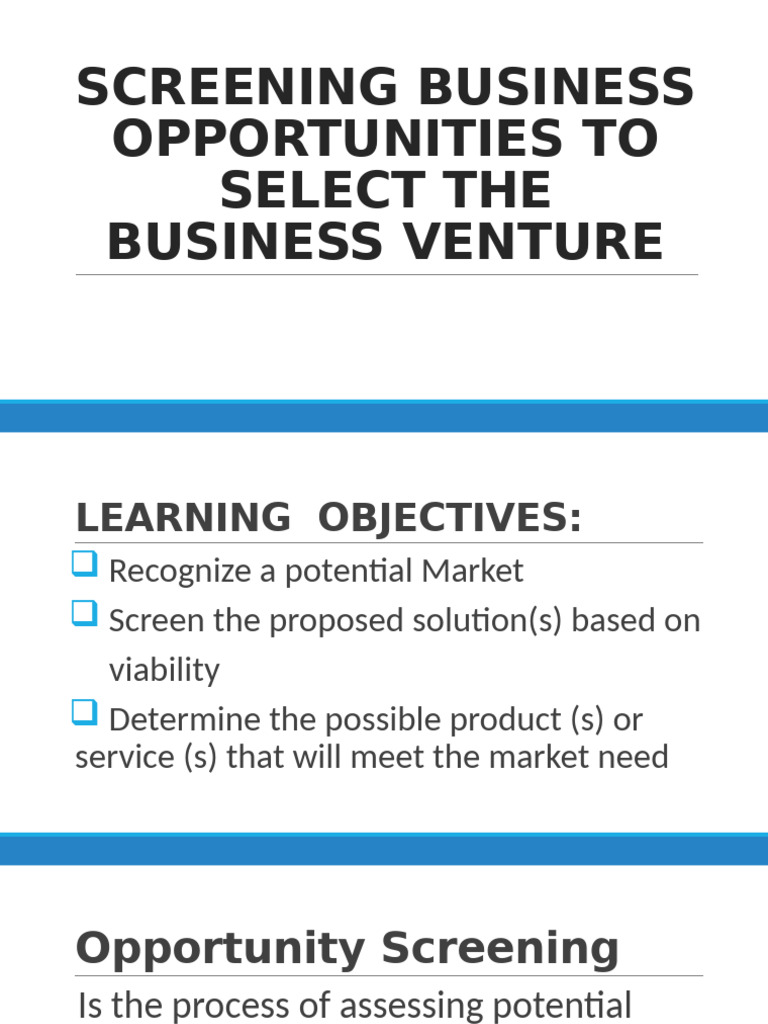 Screening Business Opportunities To Select The Business Venture ...