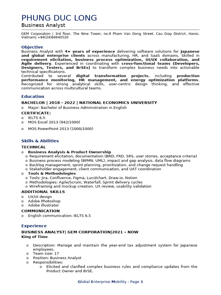 Business Analyst Profile: Phung Duc Long | PDF | Scrum (Software ...
