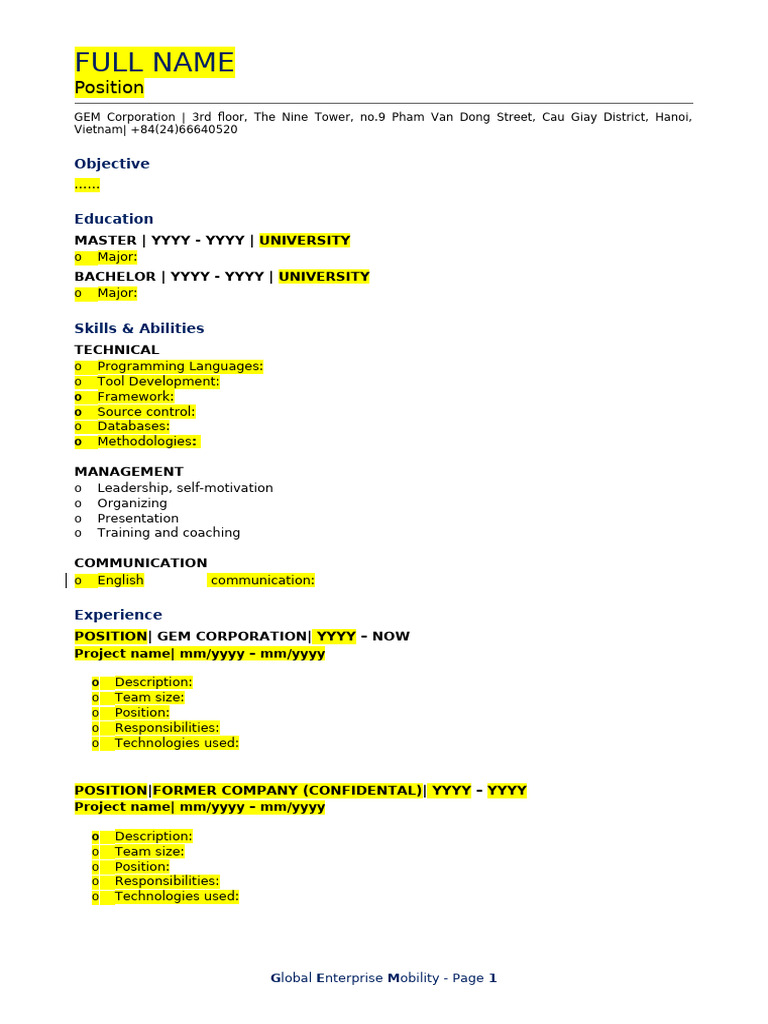 Professional Resume for GEM Corporation | PDF