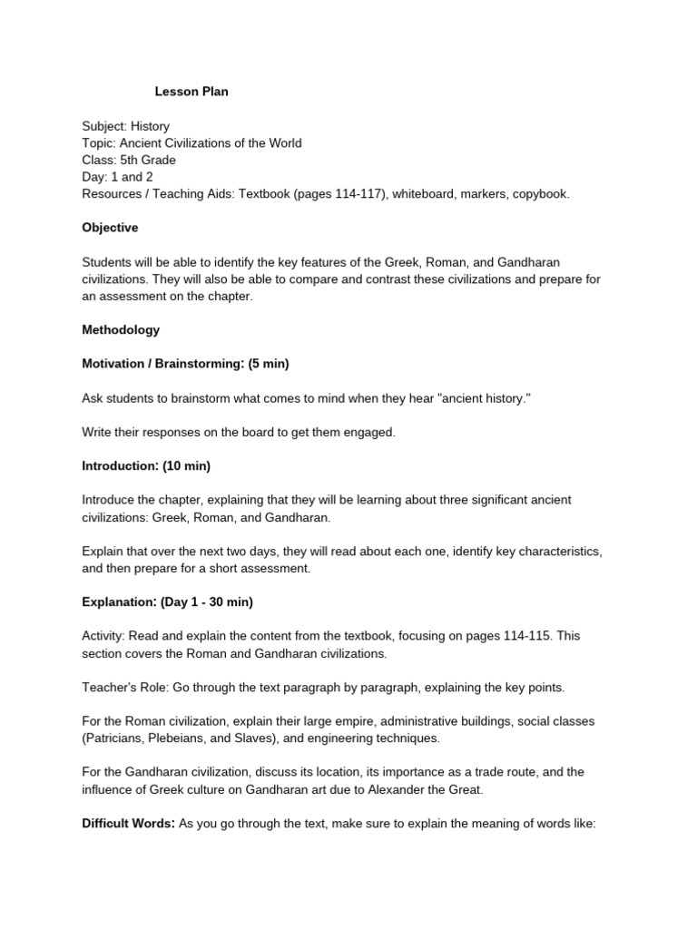 5th Grade Ancient Civilisation Lesson Plan | PDF | Liberal Arts Education