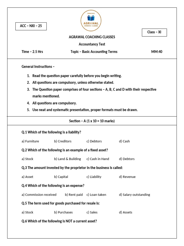Basic Accounting Terms Test Paper | PDF | Expense | Financial Economics