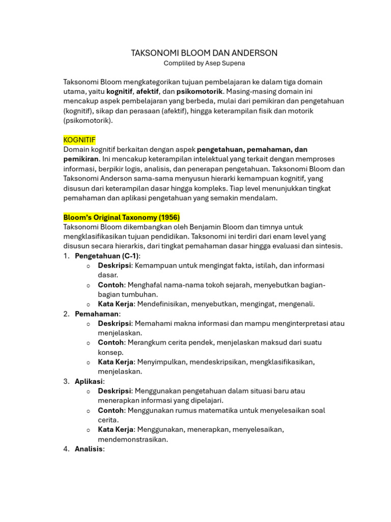 Perbandingan Taksonomi Bloom dan Anderson | PDF
