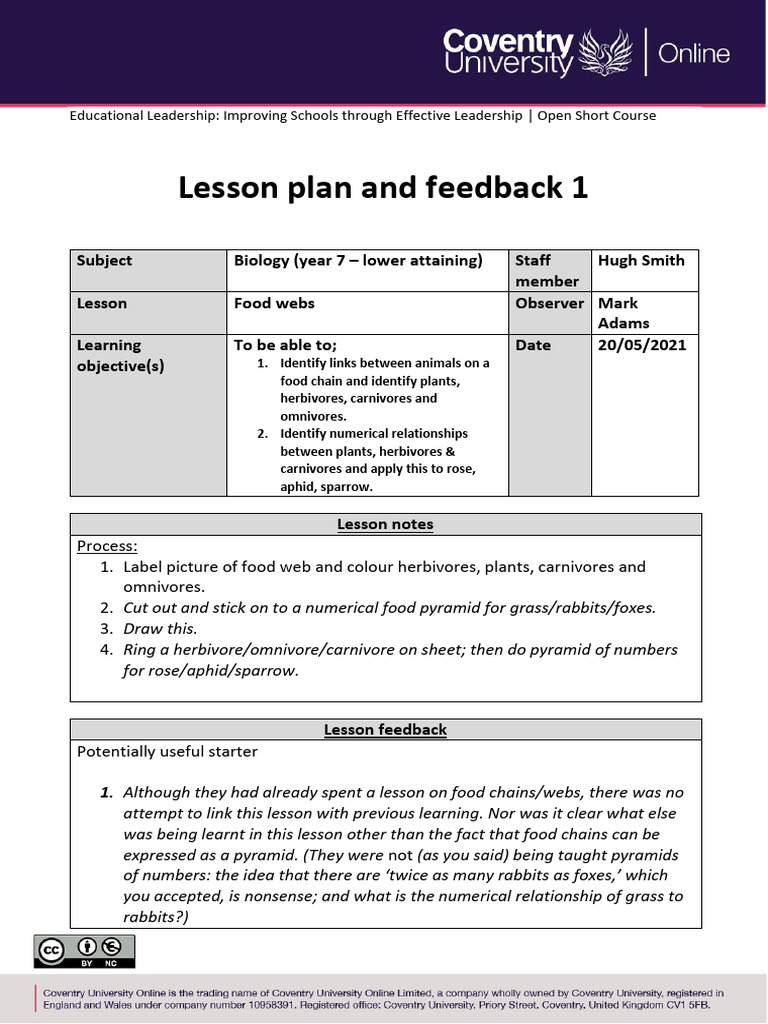 Lesson Plan and Feedback 1 | PDF | Foods | Food Web