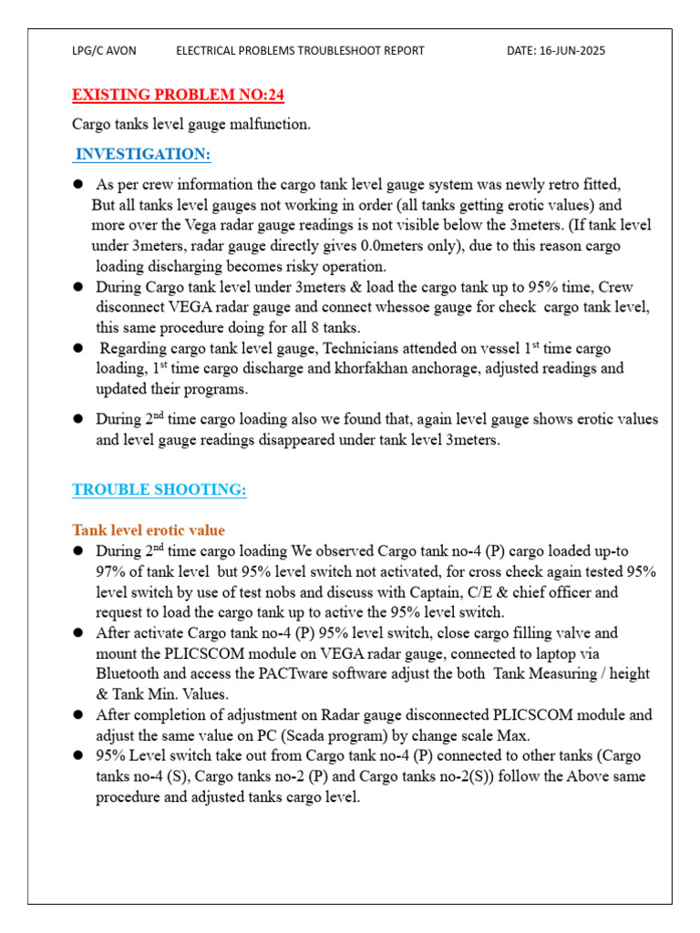 Existing Problem No-24 Cargo Tanks Level Gauge Malfunction. | PDF