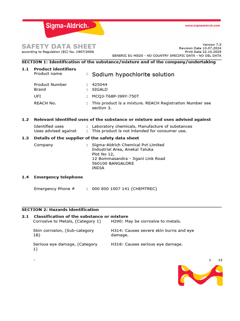 Sodium Hypochlorite Safety Data Sheet | PDF | Dangerous Goods | Toxicity