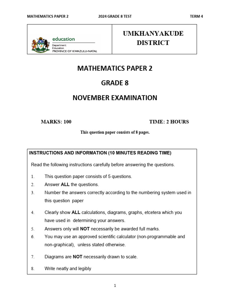 Grade 8 November 2024 FINAL EXAM Paper 2 QPaper | PDF | Area ...