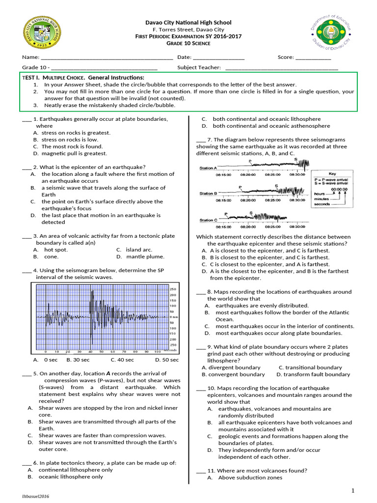 2016-17 1st Periodic Exam Plate Tectonics | PDF | Plate Tectonics ...