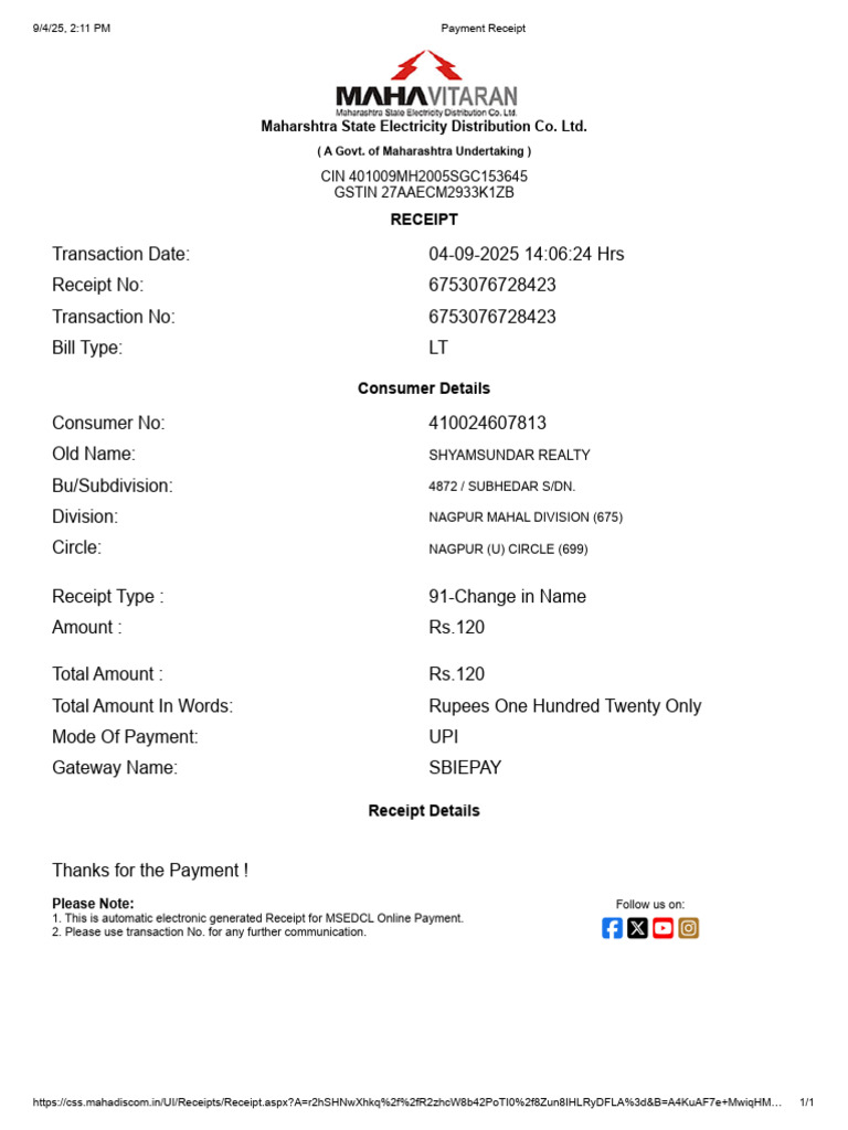 Payment Receipt Msedcl 7813 Ved Tripathi | PDF
