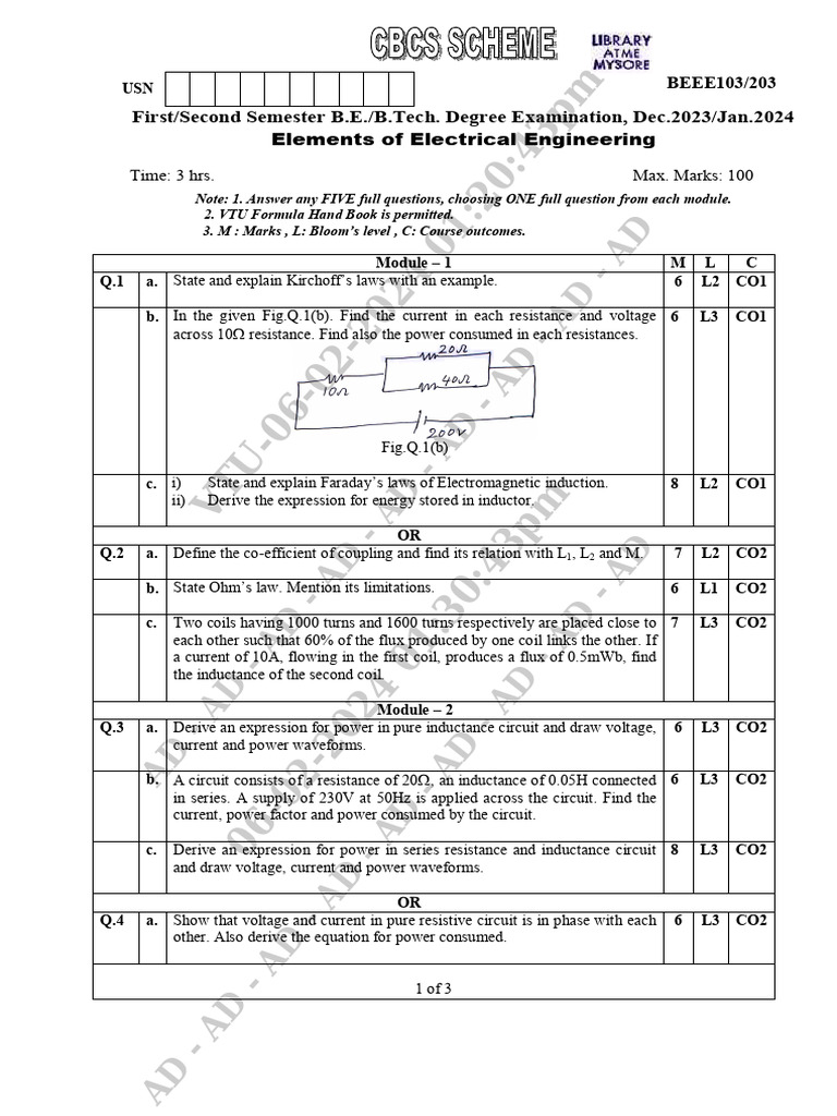 Elements of Electrical Engineering BEEE103-203 Dec2023-Jan2024 | PDF ...