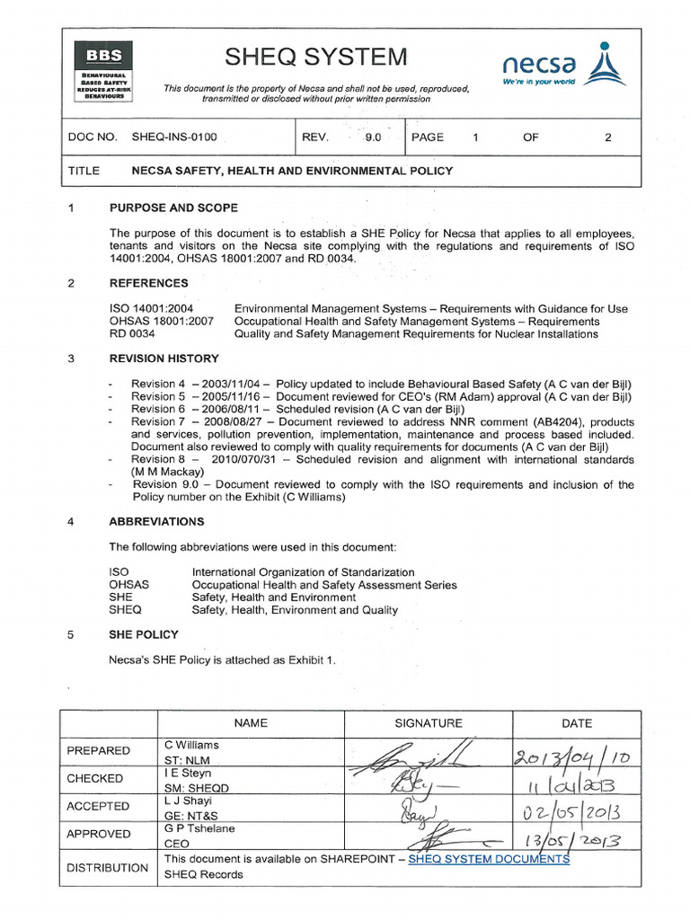 SHEQ-InS-0100 Rev 9.0 - NECSA Safety, Health and Environmental Policy | PDF