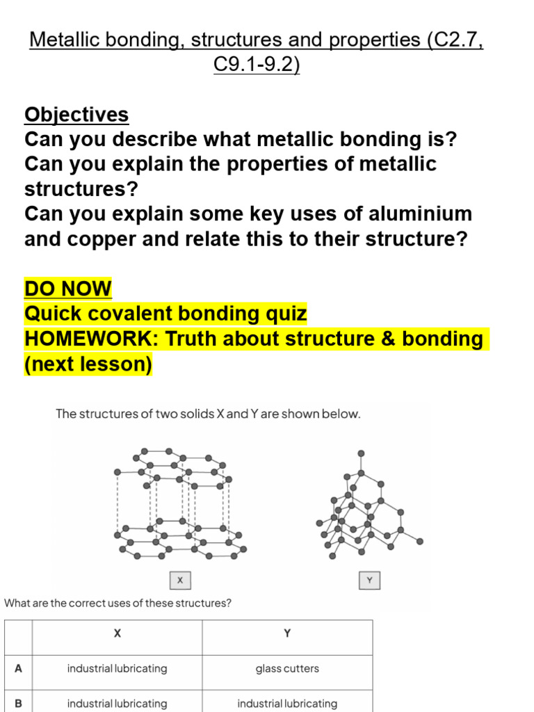 Metallic Bonding, Properties and Alloys (C2.7, C9.1-9.3) HWA | PDF ...