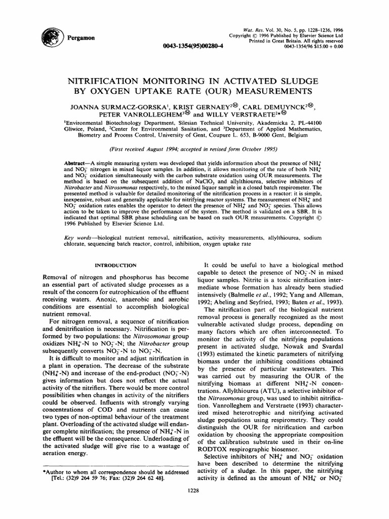 Nitrification Monitoring in Activated Sludge by Oxygen Uptake Rate (OUR ...
