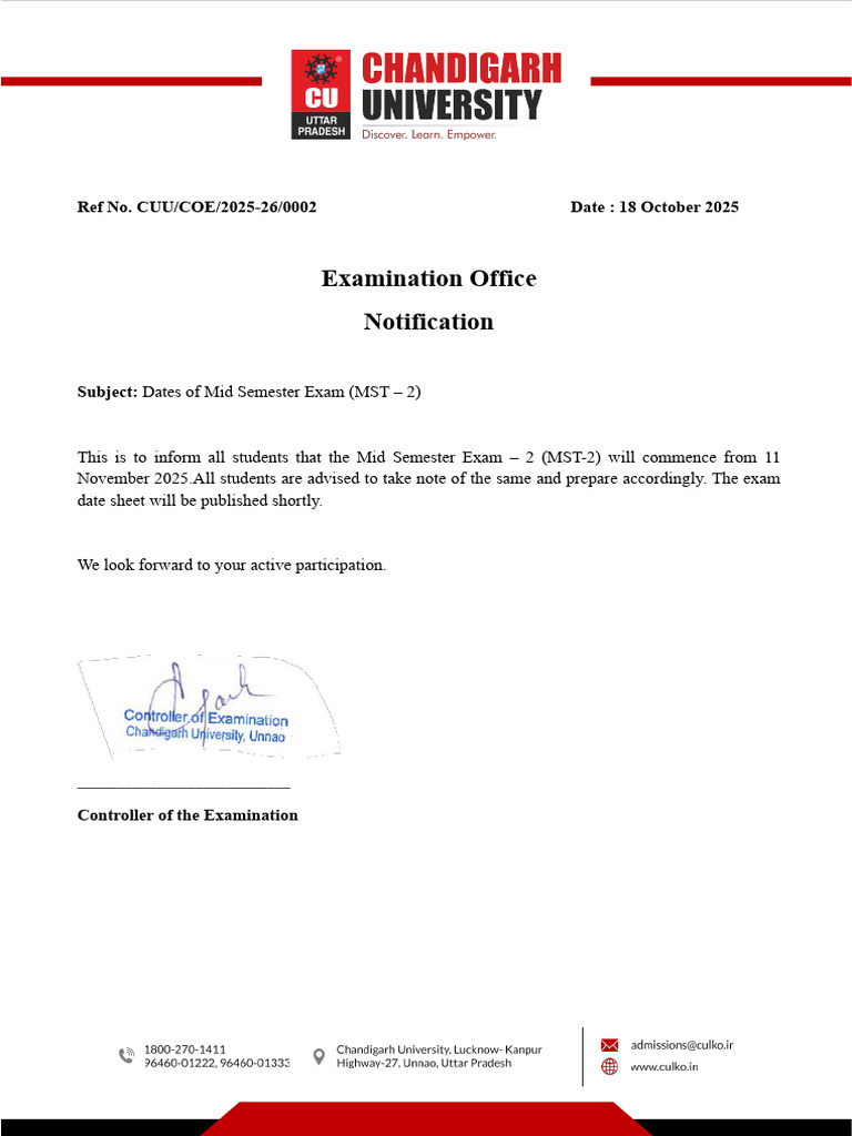Mid Semester Exam Dates Notification | PDF