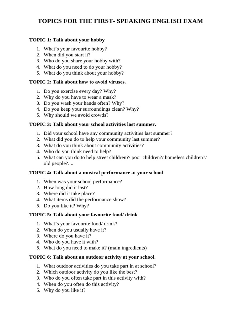 English Exam Speaking Topics Guide | PDF